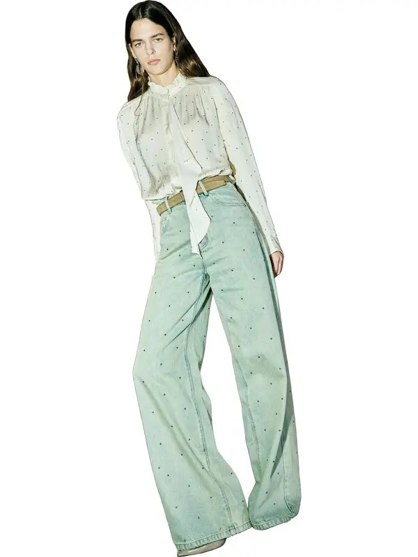 Fabrique Hadrian Studded Wide Leg Jeans In Cotton Denim - Blue