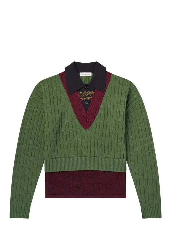 Dries Van Noten Jacquard-trimmed Cable-knit Wool And Cotton-blend Sweater - Green