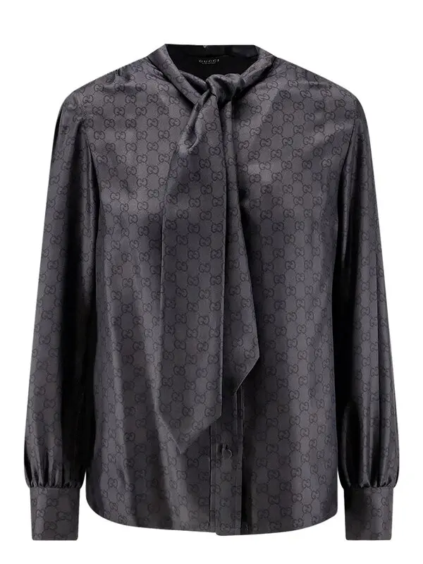 Gucci Gg Print Silk Bow Shirt - Black
