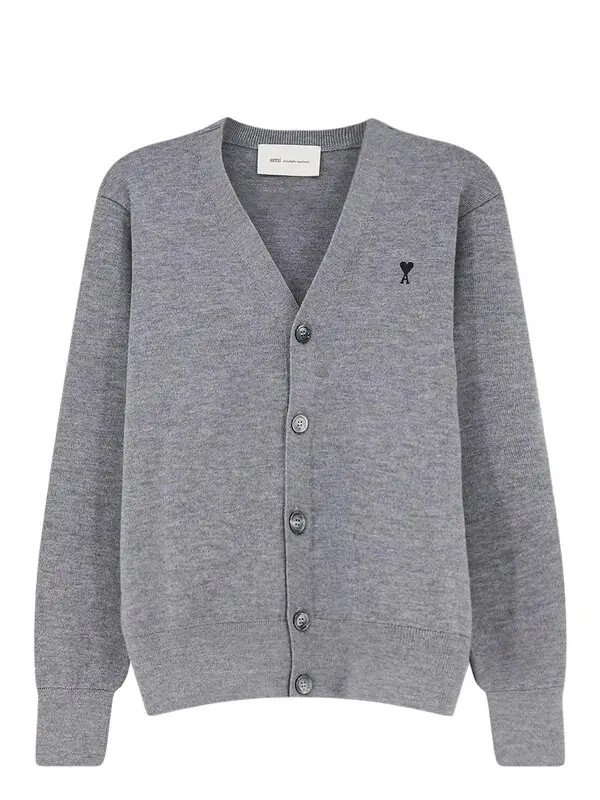 AMI Paris V-neck Wool Cardigan With Embroidered Logo - Grey