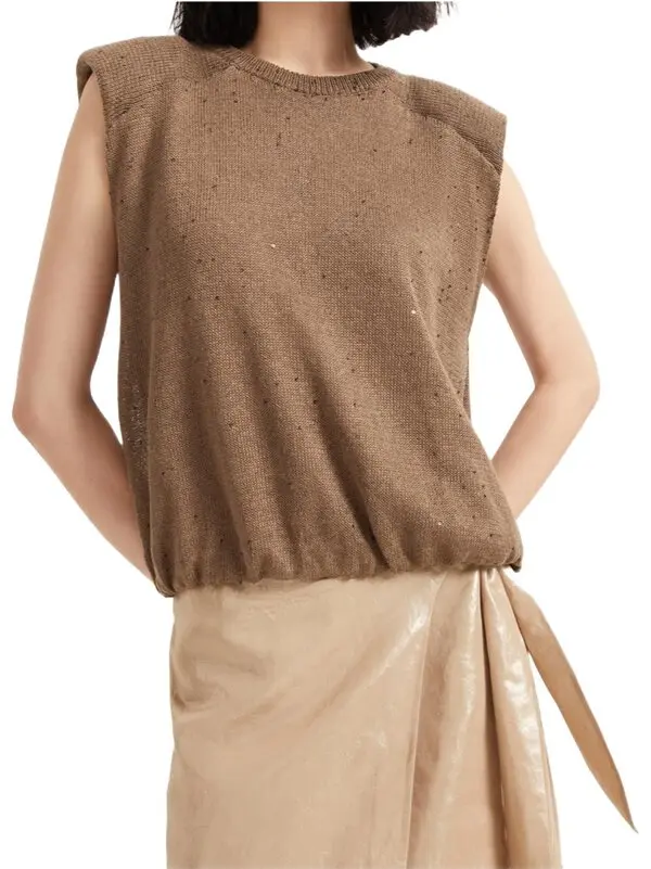 Brunello Cucinelli Sequined Knit Sleeveless Top - Brown
