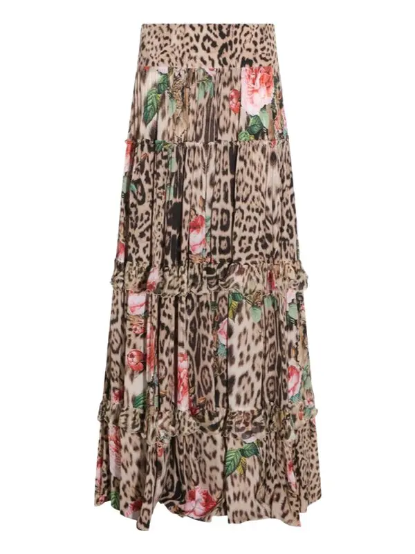 Roberto Cavalli Tiered Maxi Skirt With Leopard Print And Floral Motif - Beige