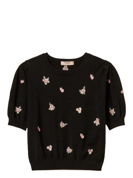 TWINSET Floral Embroidered Knit Top - Black