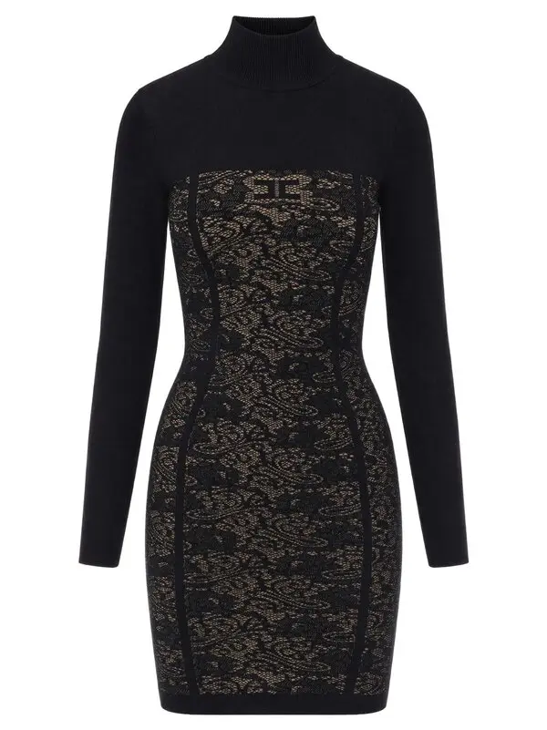 Elisabetta Franchi High Neck Lace-like Patterned Dress - Black/beige