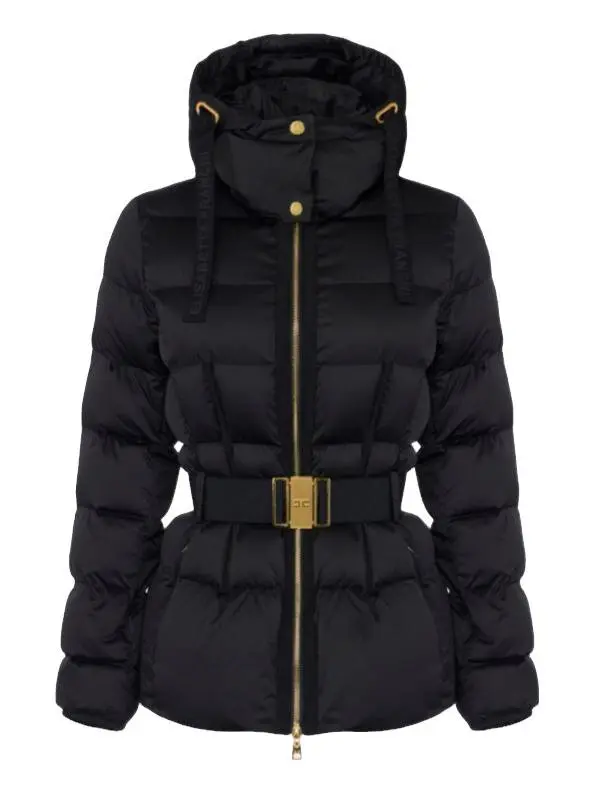 Elisabetta Franchi Long-sleeved Padded Jacket With Jewel Buckle Belt - Black