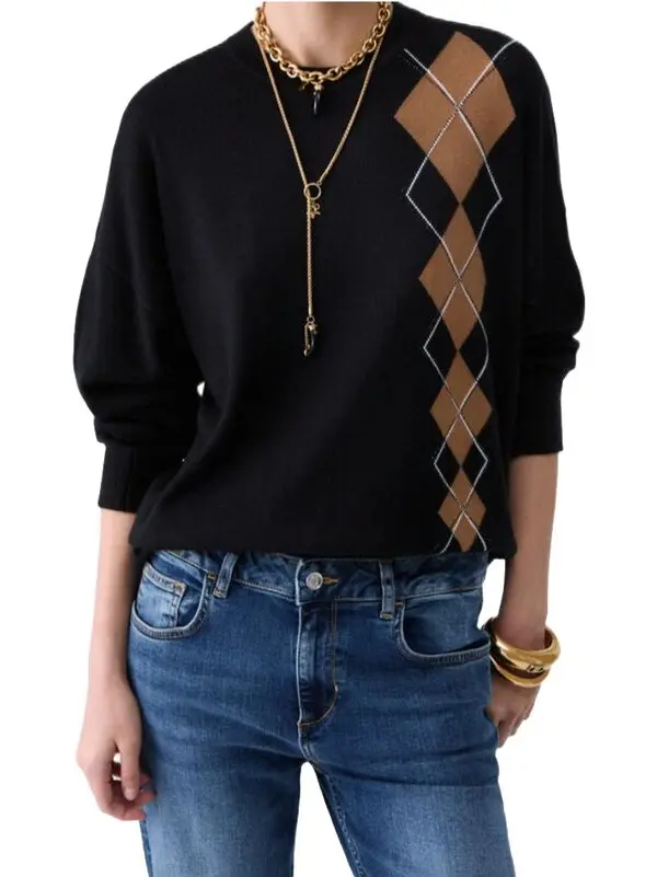 Liu Jo Sweater With Geometric Argyle Intarsia - Black