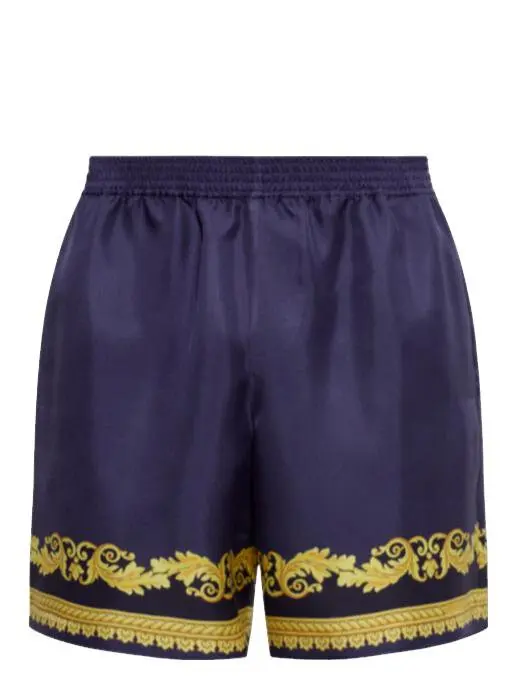 Versace Elasticated Waist Shorts With Baroque Print Piping - Navy