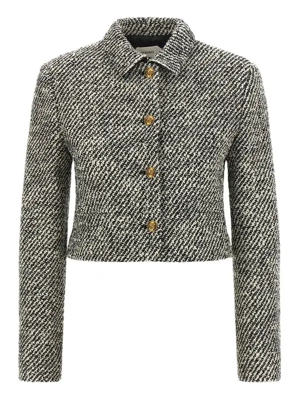 Versace Cropped Wool Bouclé Blouson With Medusa Head Buttons - Black