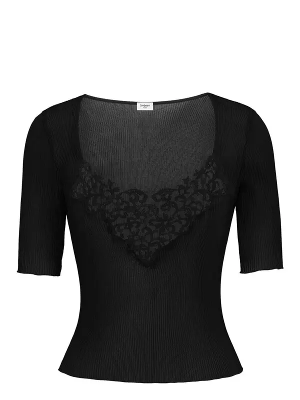 Saint Laurent Lace Trim Ribbed Short-sleeve Top - Black