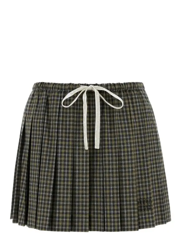 Miu Miu Pleated Plaid Skirt With Drawstring Waist - Gray