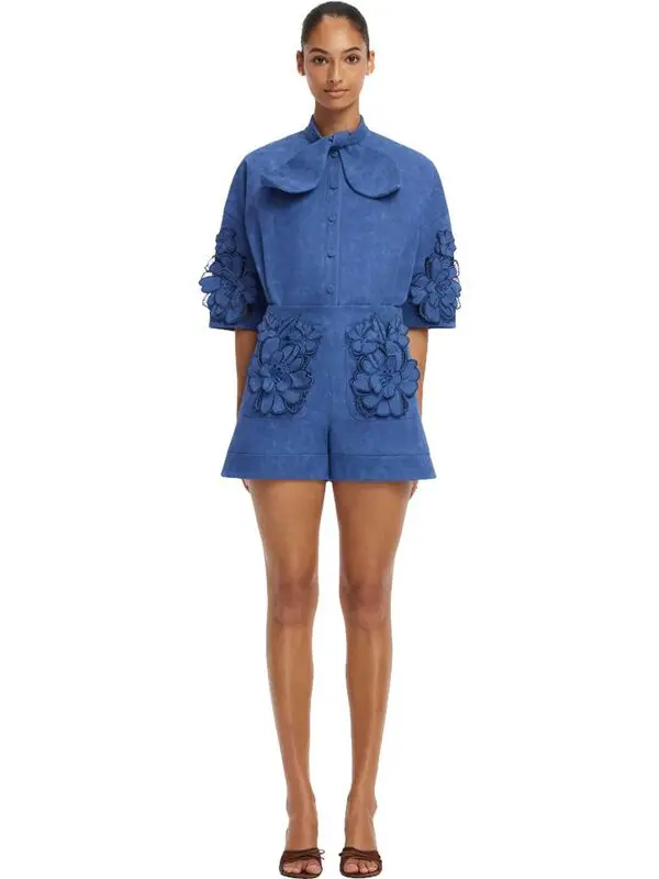 LEO LIN Brooklyn Appliqué Vegan Suede Puff Sleeve Top - Azure