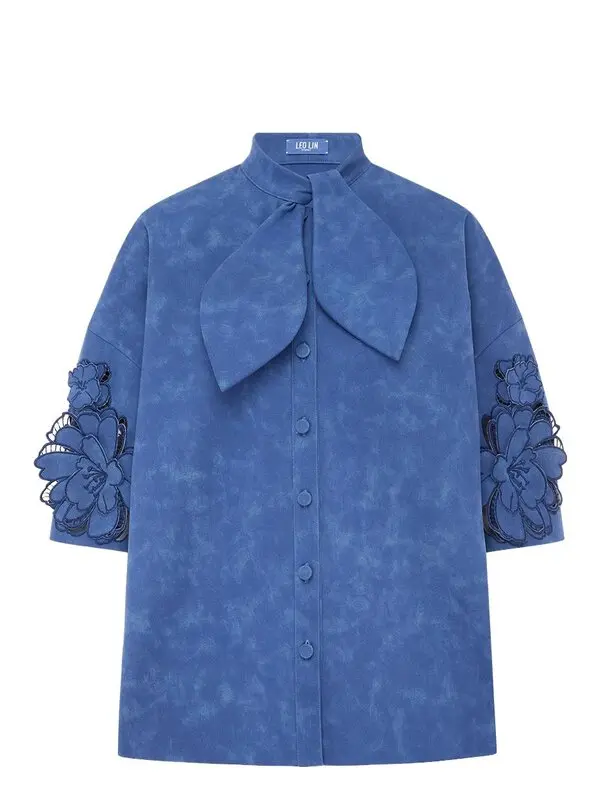 LEO LIN Brooklyn Appliqué Vegan Suede Puff Sleeve Top - Azure