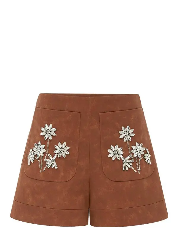 LEO LIN Tessa Embellished Vegan Suede Shorts - Brown