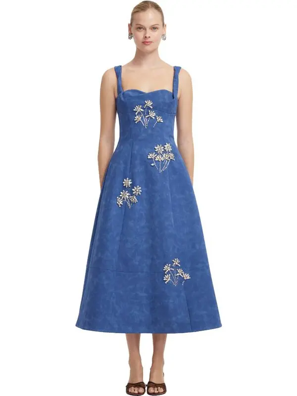 LEO LIN Beatrice Embellished Vegan Suede Midi Dress - Azure