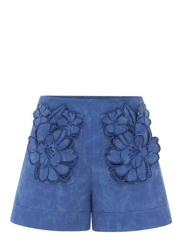 LEO LIN Tessa Appliqué Vegan Suede Shorts - Azure