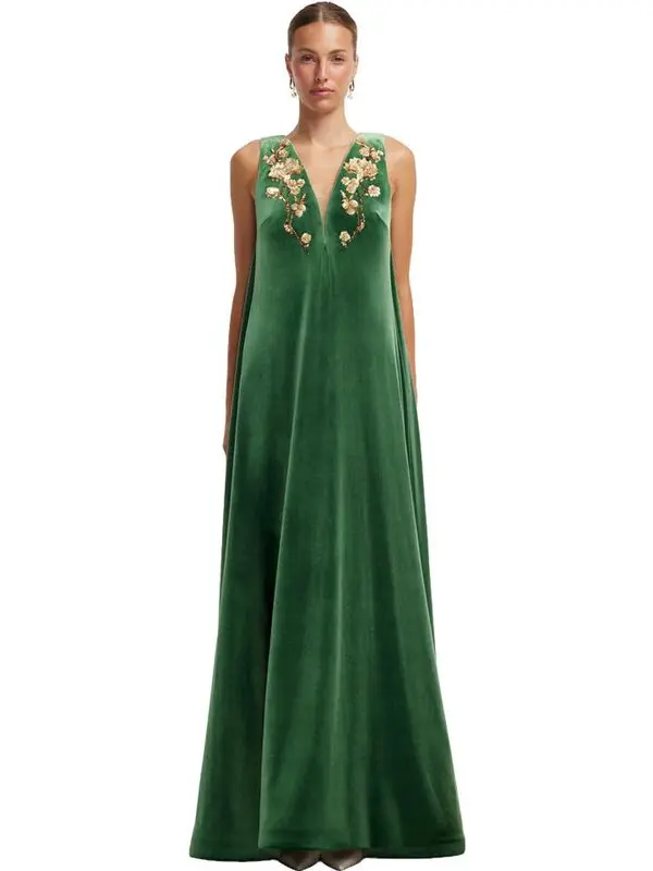 LEO LIN Agathy Velvet Embellished Gown - Forest