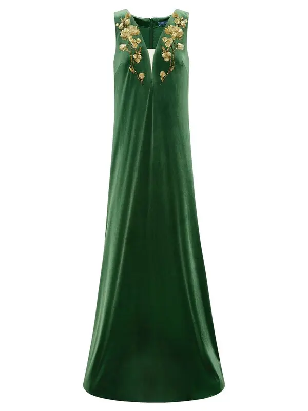 LEO LIN Agathy Velvet Embellished Gown - Forest