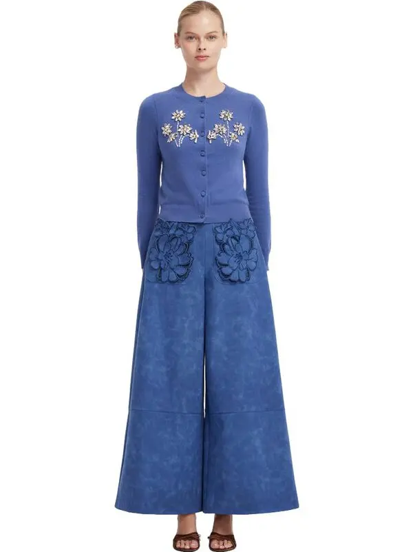 LEO LIN Christine Appliqué Vegan Suede Wide Leg Pants - Azure