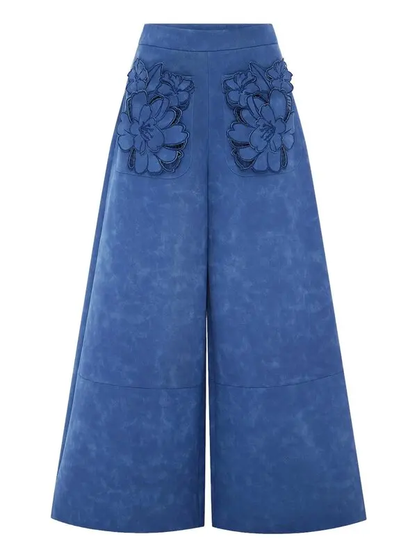 LEO LIN Christine Appliqué Vegan Suede Wide Leg Pants - Azure