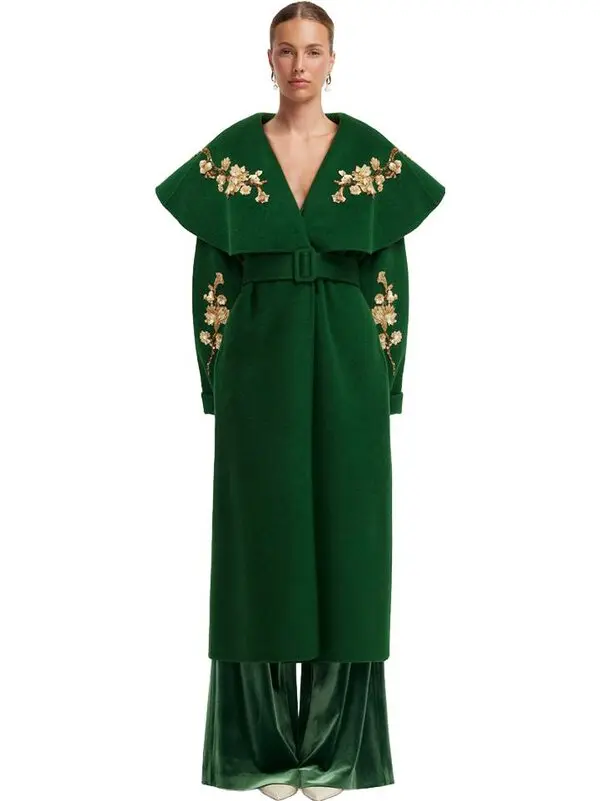 LEO LIN Joan Embellished Wool Coat - Forest