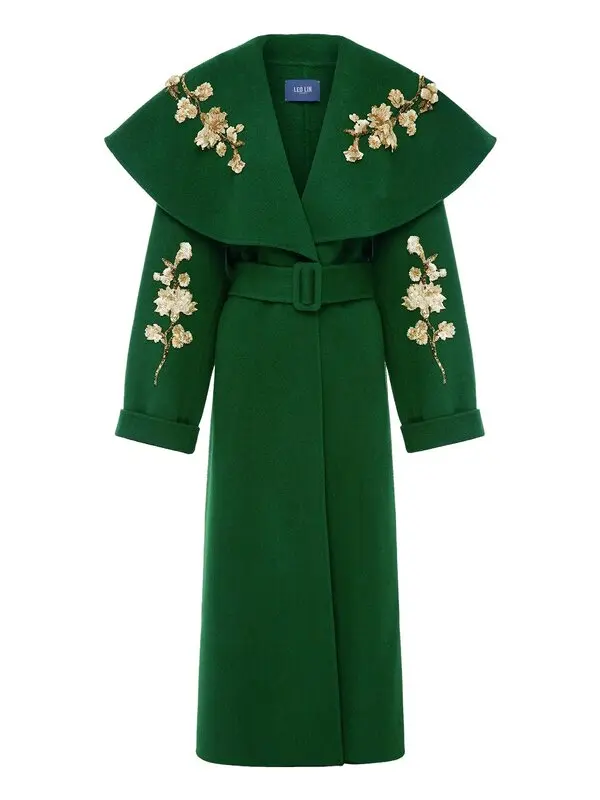 LEO LIN Joan Embellished Wool Coat - Forest