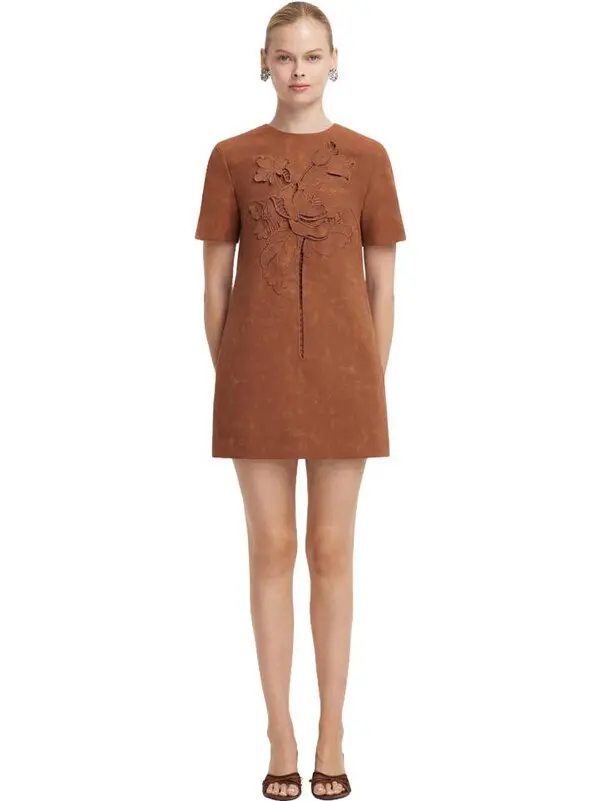 LEO LIN Alexa Appliqué Vegan Suede Tshirt Mini Dress - Chestnut