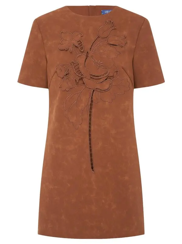 LEO LIN Alexa Appliqué Vegan Suede T-shirt Mini Dress - Chestnut