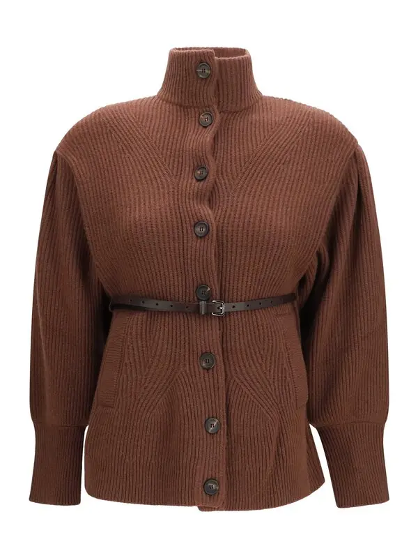 Brunello Cucinelli High Neck Cardigan With Belt - Brown