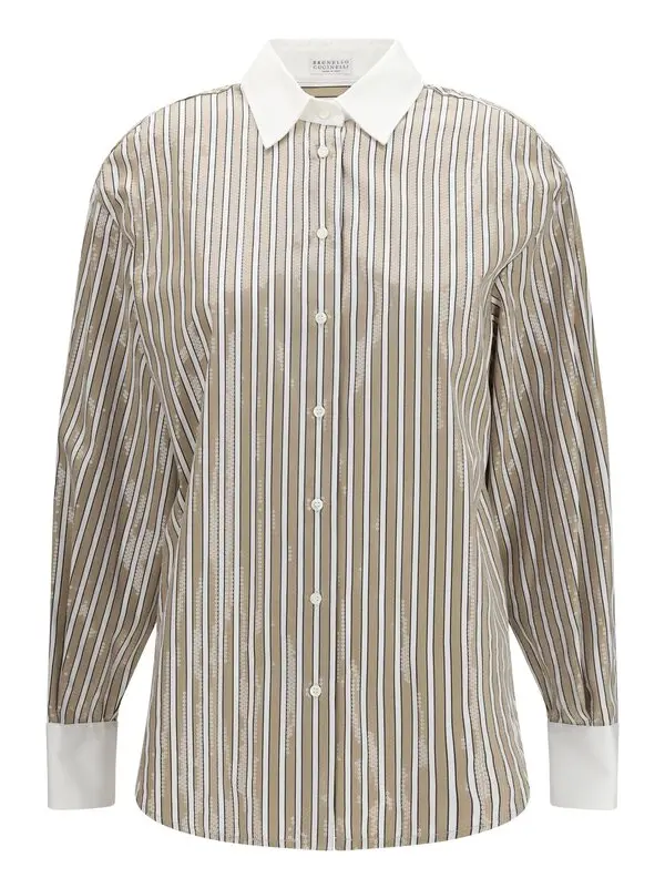 Brunello Cucinelli Dazzling Stripes Sequined Cotton Shirt - Cream