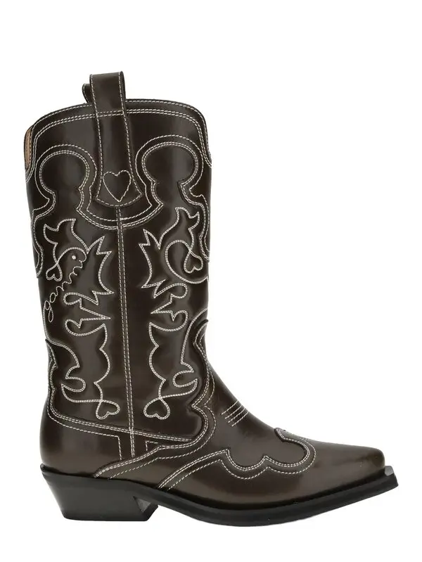 GANNI Faux-leather Texan Boots With Contrast Embroidery - Brown