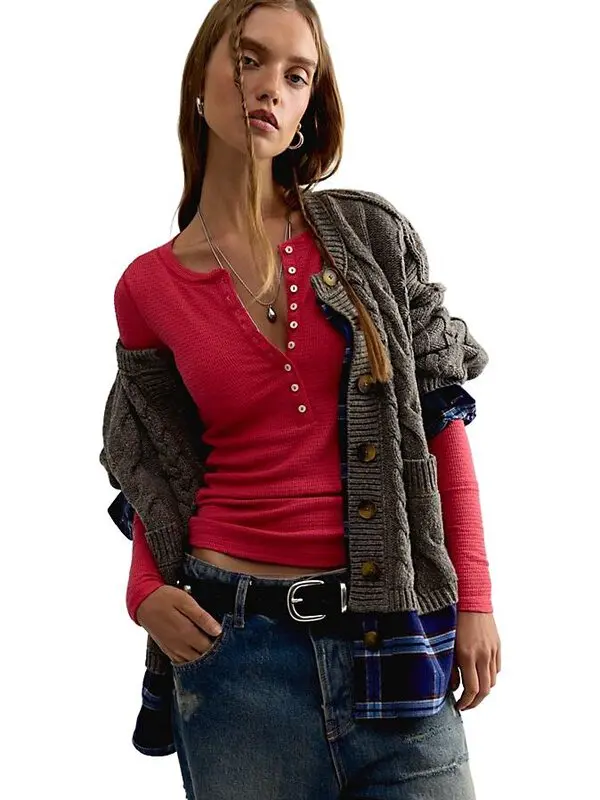 Free People Intimately Ribbed Thermal Henley Top - Raspberry Blush