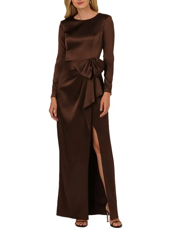Adrianna Papell Side Bow Long Sleeve Stretch Satin Gown - Chocolate