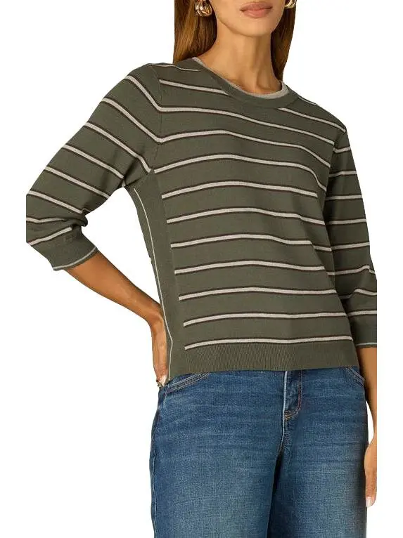 Wit & Wisdom Striped Three-quarter Sleeve Crewneck Sweater - Dark Forest/grey Multi