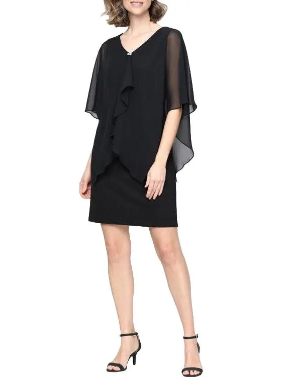 SL FASHIONS Glittered Chiffon & Knit Sheath Dress - Black