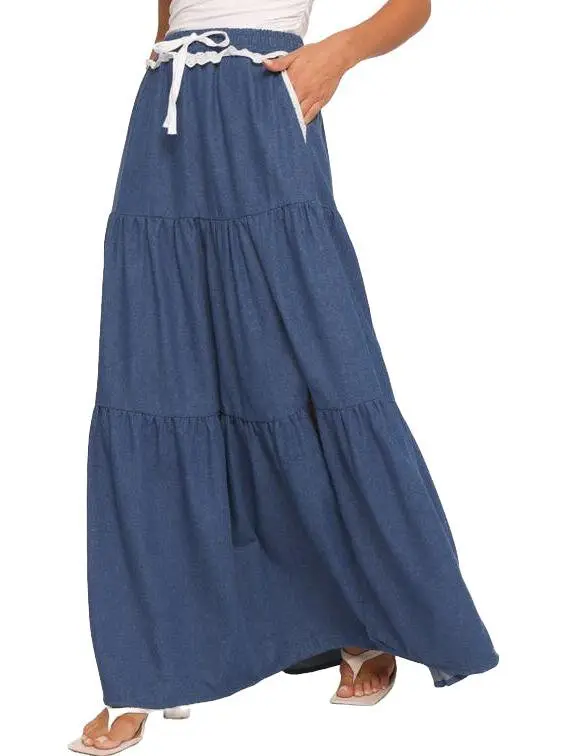 PETAL & PUP Tiered Maxi Skirt With Eyelet Trim - Medium Wash