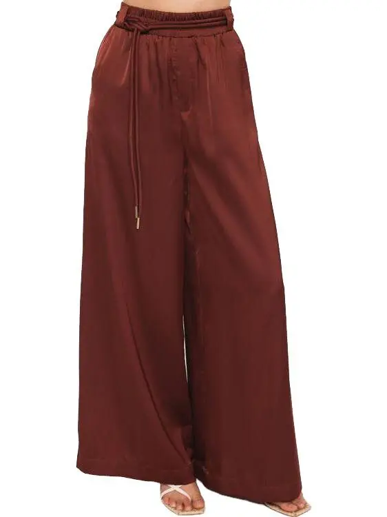 PETAL & PUP Vita High Waist Wide Leg Satin Pants - Brown