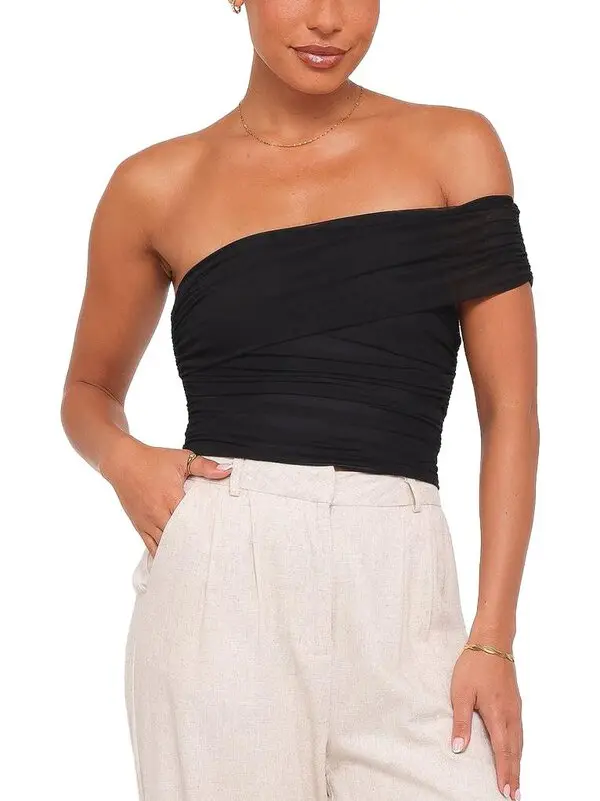 PETAL & PUP Off-the-shoulder Mesh Crop Top - Black