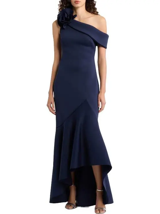 Eliza J One-shoulder Gown With Ruffled Hem - Navy