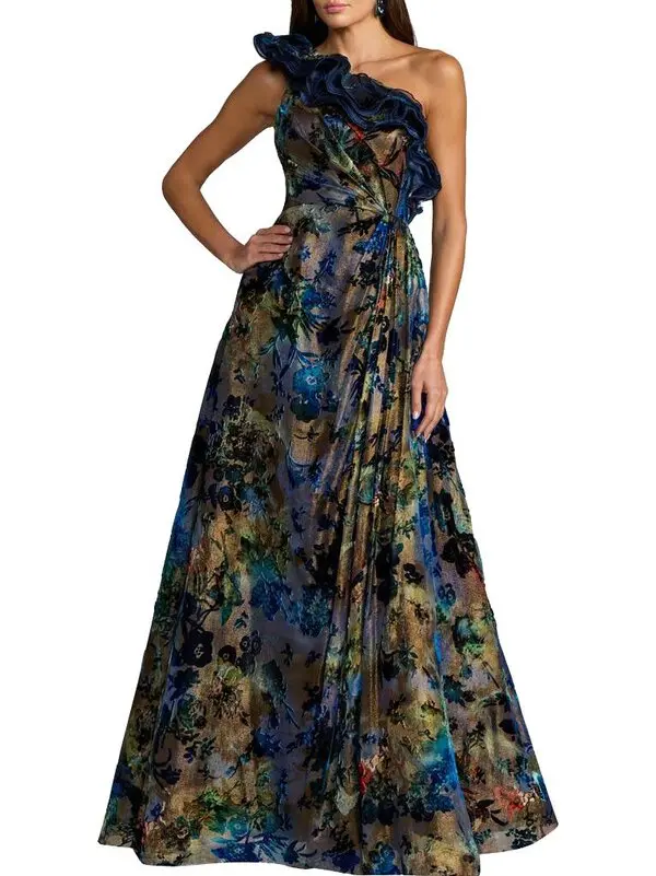 Mac Duggal Floral One Shoulder Burnout Velvet Gown - Black Multi