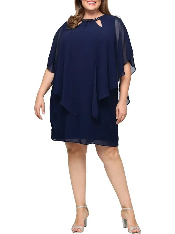 SL FASHIONS Cutout Crystal Embellished Neck Shift Cocktail Dress - Navy