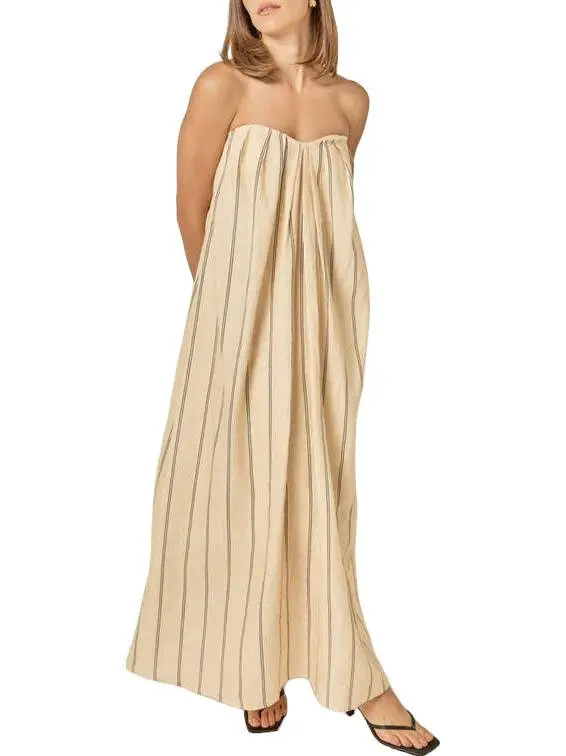 English Factory Strapless Pintuck Striped Maxi Dress - Beige/black