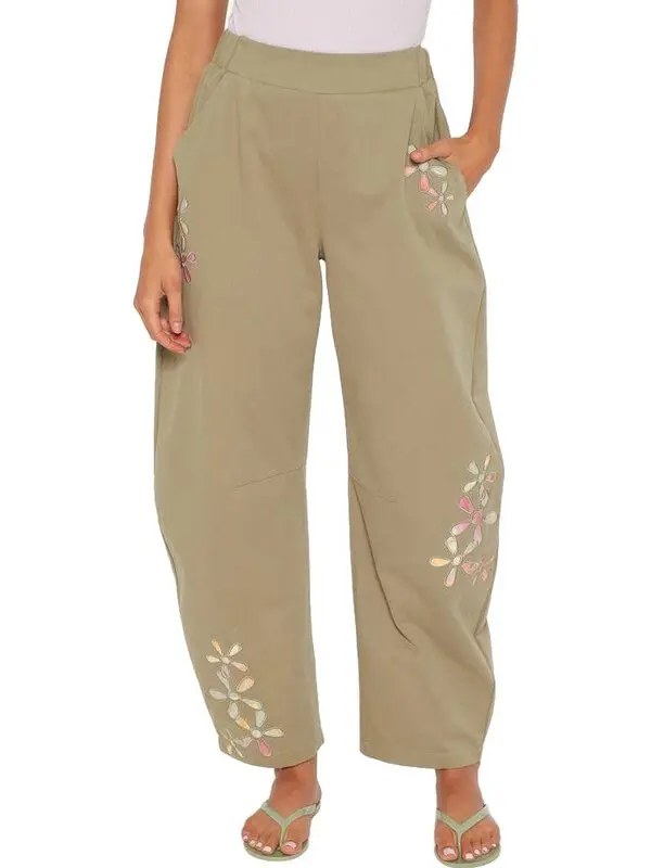 PETAL & PUP Telena Barrel Leg Pants - Olive Green Patchwork
