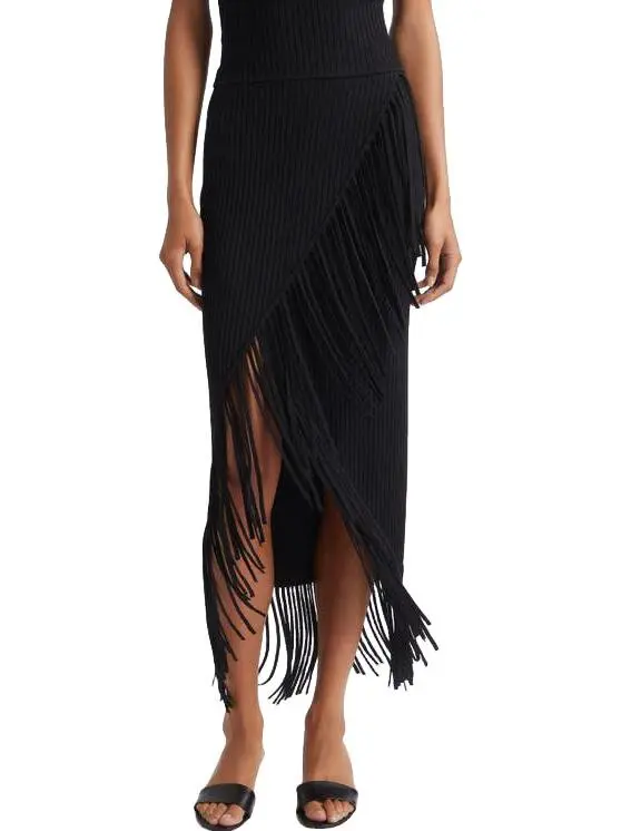 TOCCIN Tocca Giana Asymmetric Ribbed Knit Skirt With Fringe - Jet