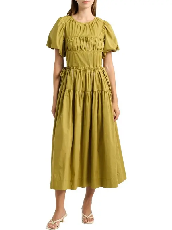 Moon River Smocked Puff Sleeve Midi Dress - Citron