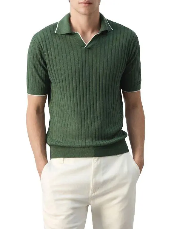 Mango Regular Fit Linen Blend Rib Polo - Forest Green