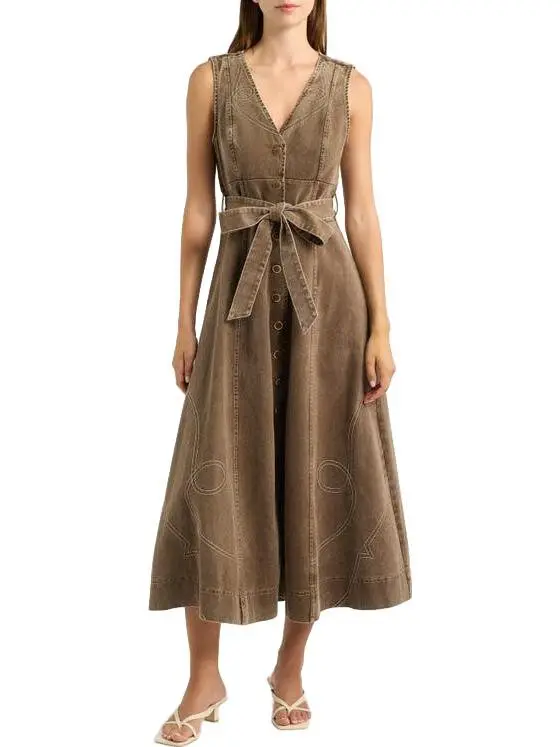 Moon River Western Sleeveless Midi Dress - Brown