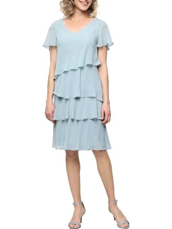 SL FASHIONS Beaded Tiered Dress - Sage