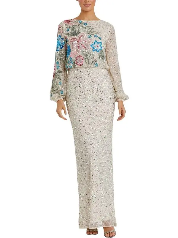 Mac Duggal Embellished Multi Color Floral High Neck Gown - Nude Multi