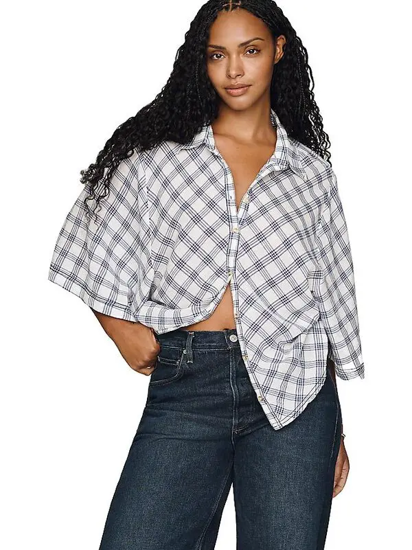 PILCRO Cotton Cape-sleeve Blouse - Blue Plaid