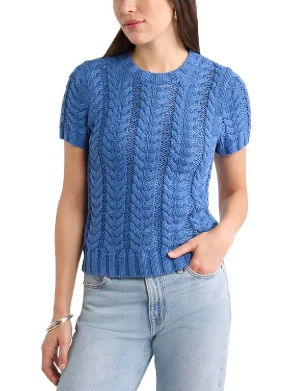 Caslon Cable Stitch Short Sleeve Cotton Sweater - Blue Glory